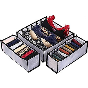 Upwsma Underwear Drawer Organizer Set, Foldable Underwear Storage Divider Boxes Includes 6/7/11 Cell Collapsible Closet Compartments for Socks, Bras, Underwear, Ties, Lingerie, Scarves (Black, 3 Set)
