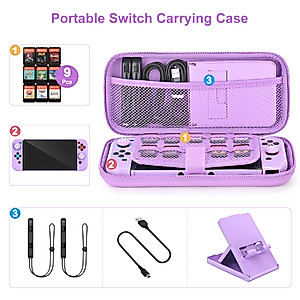 Younik Switch Accessories Bundle, 17 in 1 Purple Switch Accessories Kit for Girls Include Switch Carrying Case, Adjustable Stand, Protective Case for Switch Console & J-Con