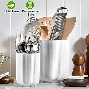 Mfacoy Large Kitchen Utensil Holder Set of 2, 7.3" + 5.4" Ceramic Cooking Utensil Holder for Countertop, Large Utensils Crock for Kitchen Counter, Utensil Storage Organizer for Spatula, Kitchen Decor