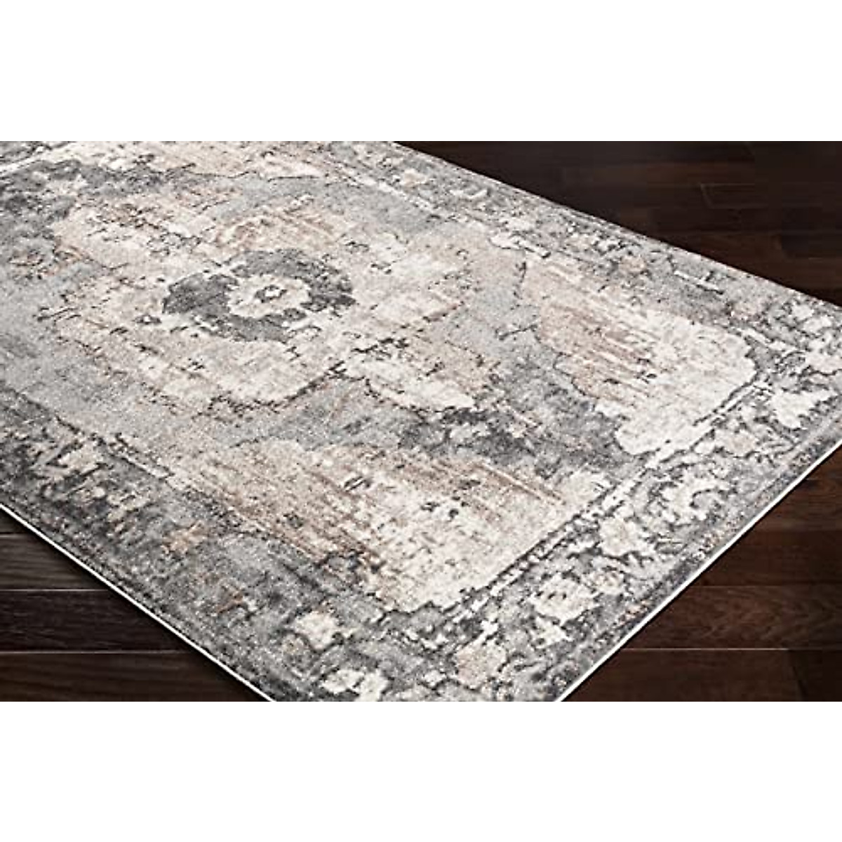 Hartshone Bohemian Farmhouse Living Room Bedroom Dining Room Area Rug - Boho Vintage Distressed - Persian Tribal Style Carpet - Dark Brown, Grey, Tan, Beige, Khaki, Charcoal, Light Black - 6'7" x 9'