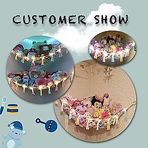 Stuffed Animal Net or Hammock with Light,Yewiwin Macrame Hanging Net Hammock for Stuffed Animal Toy Storage Organizer Boho Decor Room Holder for Nursery Play Room Bedroom (Black)