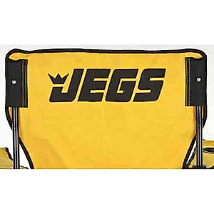 JEGS Folding Chair | Yellow Canvas with Black Logo | Black Powder Coated Frame | Capacity 250 LBS | Total Height 36” | Includes Mesh Cup Holder and Storage Bag with Strap