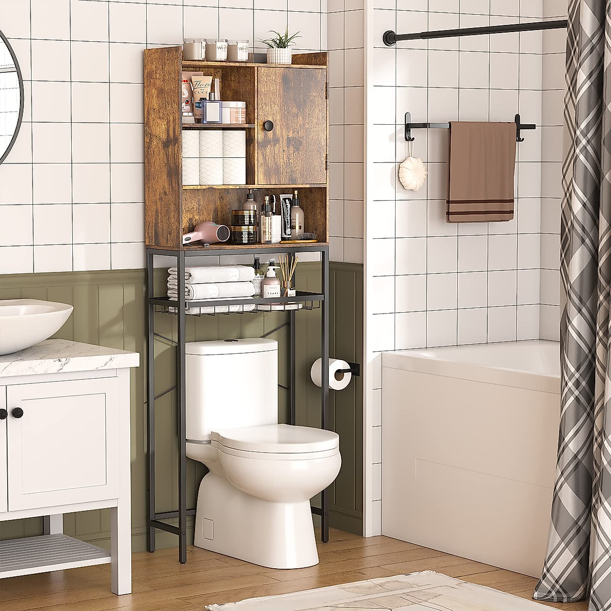 Lifewit Over The Toilet Storage Cabinet, Bathroom Organizer Shelves Over Toilet Storage, Freestanding Bathroom Rack Space Saver with Adjustable Shelves, Light Brown