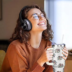 qoepfnsh 40 oz Elephant Tumbler with Handle and Straw, Boho Bohemian Floral Stainless Steel Vacuum Insulated Travel Coffee Mug Cup Water Bottle, Elephant Stuff Accessories Decor Gifts for Women Girls