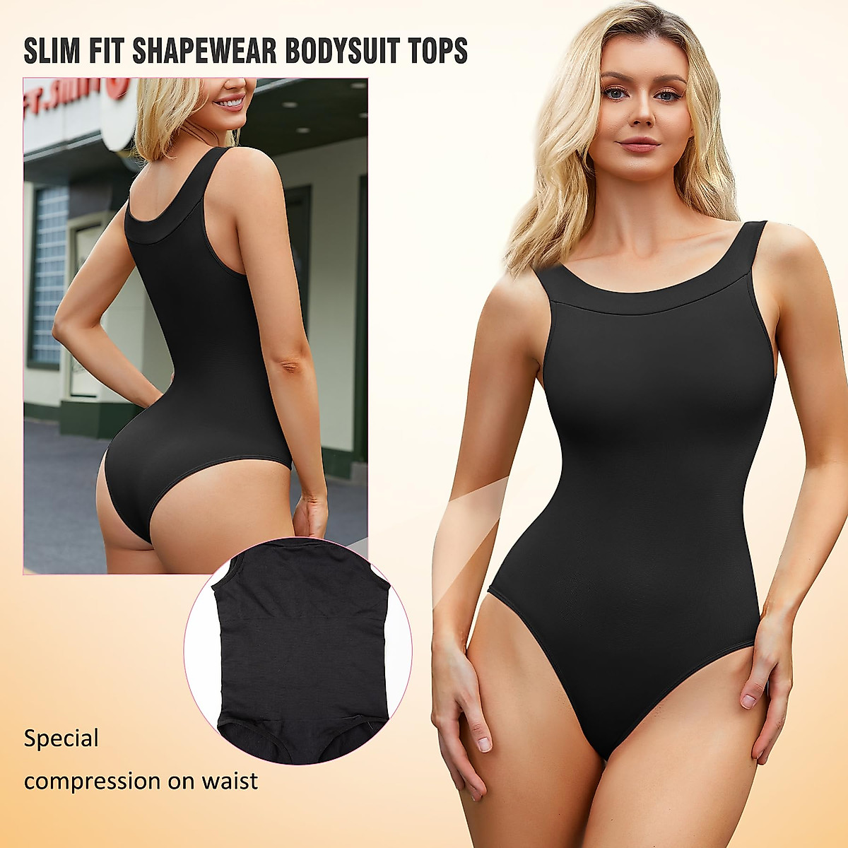 Irisnaya Seamless Shapewear Tummy Control Bodysuit Sleeveless Round Neck Body Shaper Cami Jumpsuit Tank Top One Piece Leotard (X-Large, Black)
