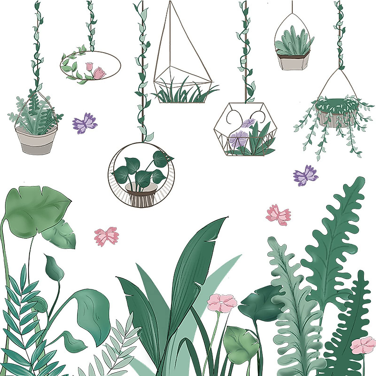 Tropical Vine Plant Potted Wall Stickers, Removable Green Plants Leaves Garden Decal Decor, DIY Art Murals Wallpaper for Living Room Bedroom Kitchen Nursery