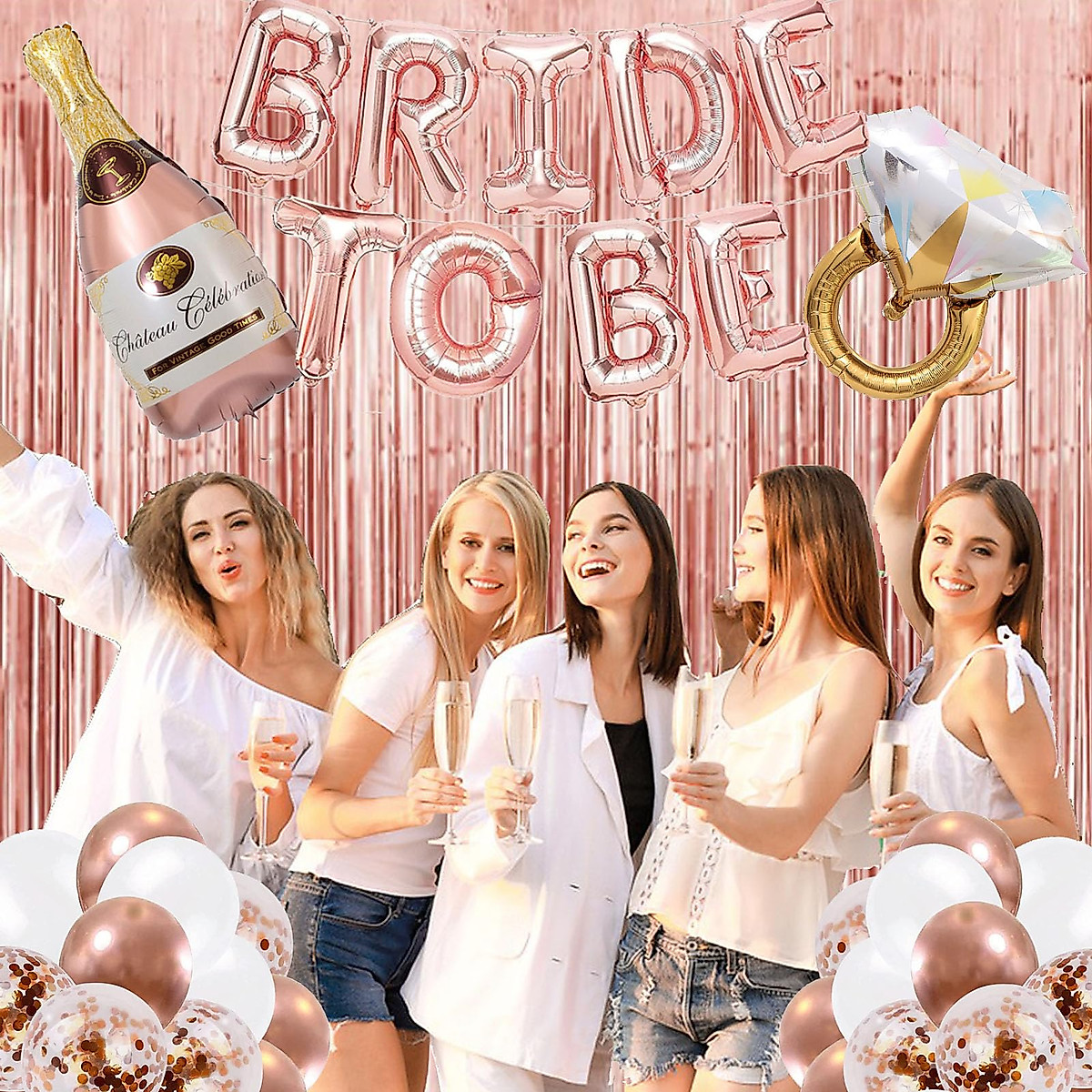 Bachelorette Party Decorations Rose Gold Bridal Shower Party Favors Kit Bride To Be Sash and Foil Balloons, Curtain, Veil, Photo Props, Temporary Tattoos, Latex Balloons