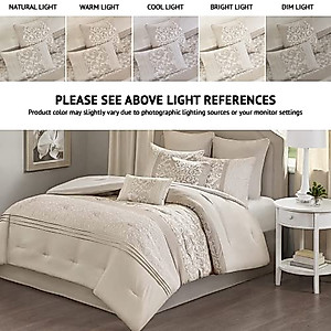 510 DESIGN Luxe Quilted Comforter Set Modern Transitional Design, All Season Down Alternative Warm Bedding Matching Shams, Bedskirt, Decorative Pillow, Queen, Ramsey Damask Neutral