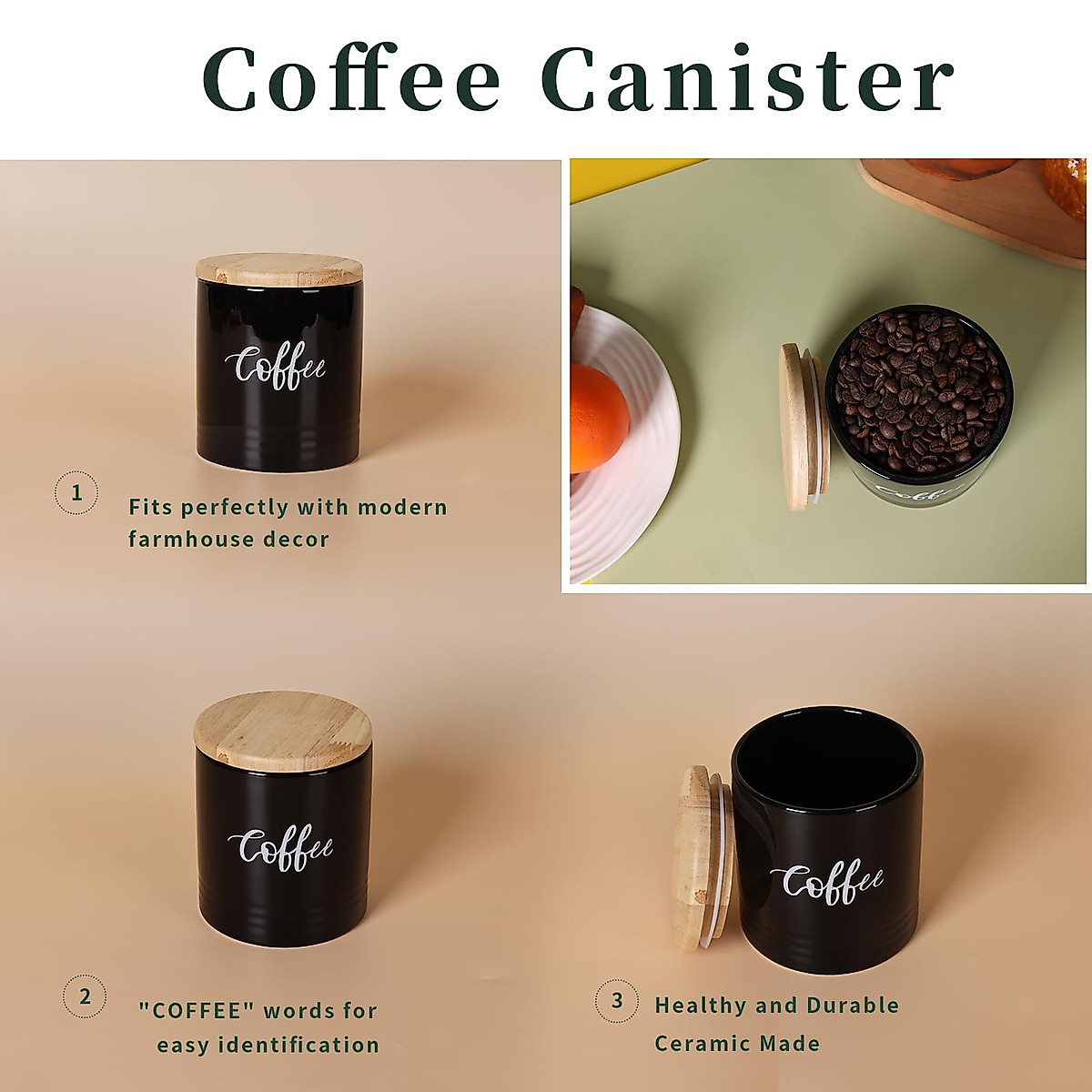 LEETOYI Porcelain Food Storage Containers with Lid, 4.5 Inch 31oz, Black Labeled Coffee