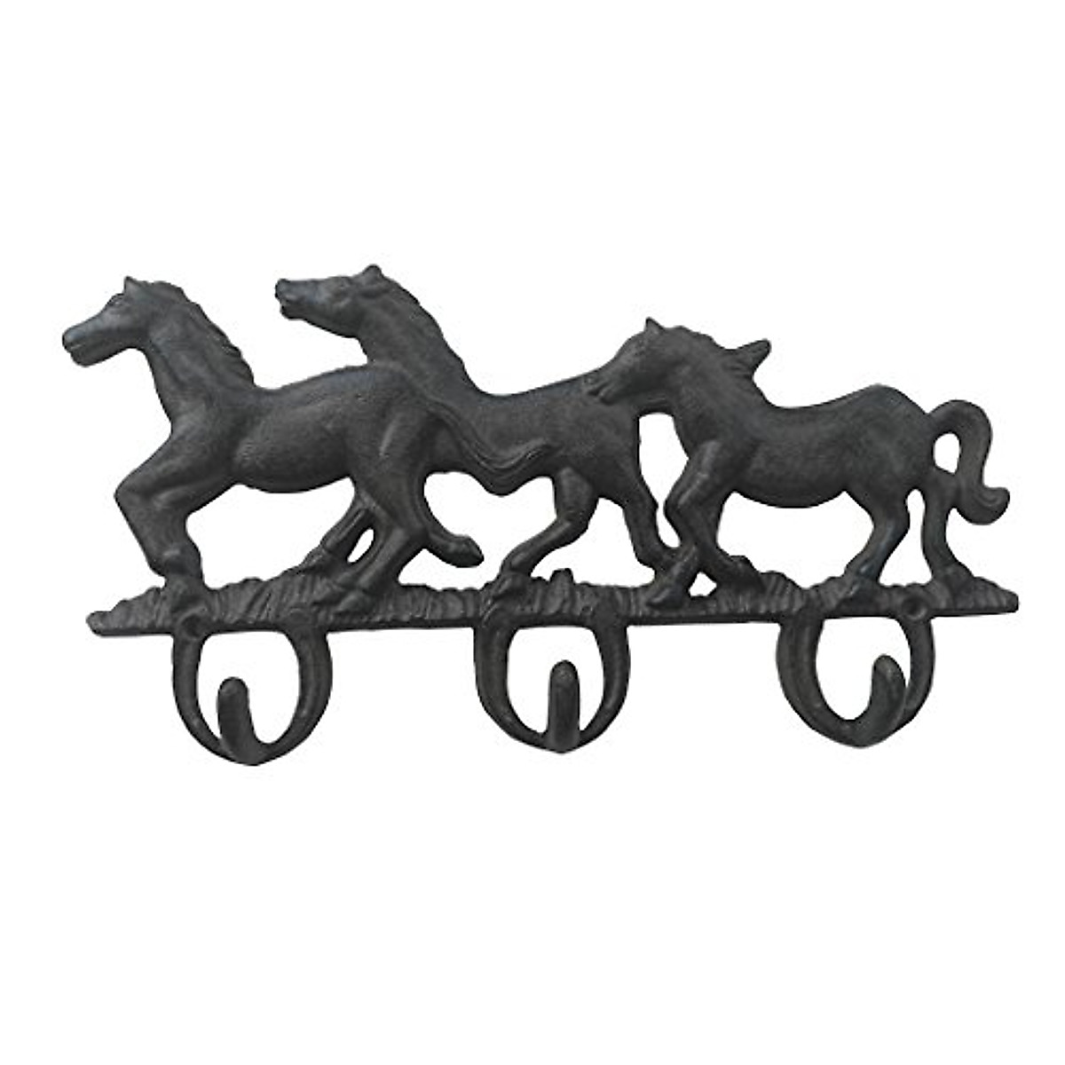 Comfy Hour 6.69" Cast Iron Three Running Horse Triple Key Coat Hooks Wall Hanger Clothes Rack Set Heavy Duty Recycled, Dark Brown, Antique & Vintage Collection