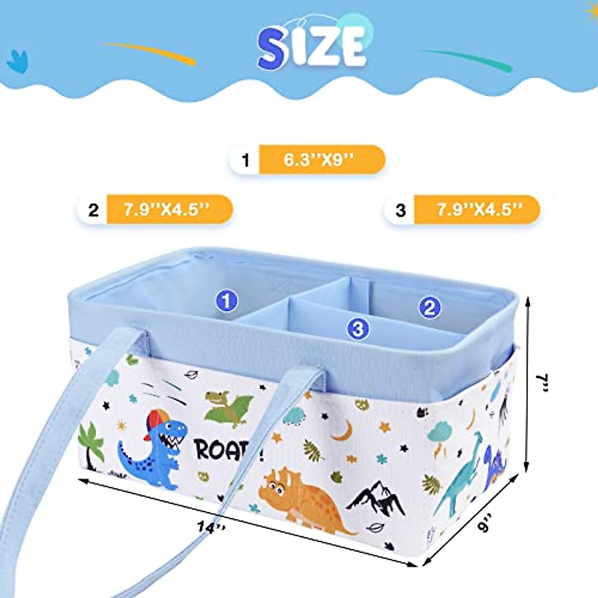 WERNNSAI Dinosaur Diaper Caddy - Collapsible Nursery Organizer for Boy Infant Baby Shower Gifts Large Blue Storage Basket for Changing Table Car Travel Living Room Newborn Essentials Must Have Dots