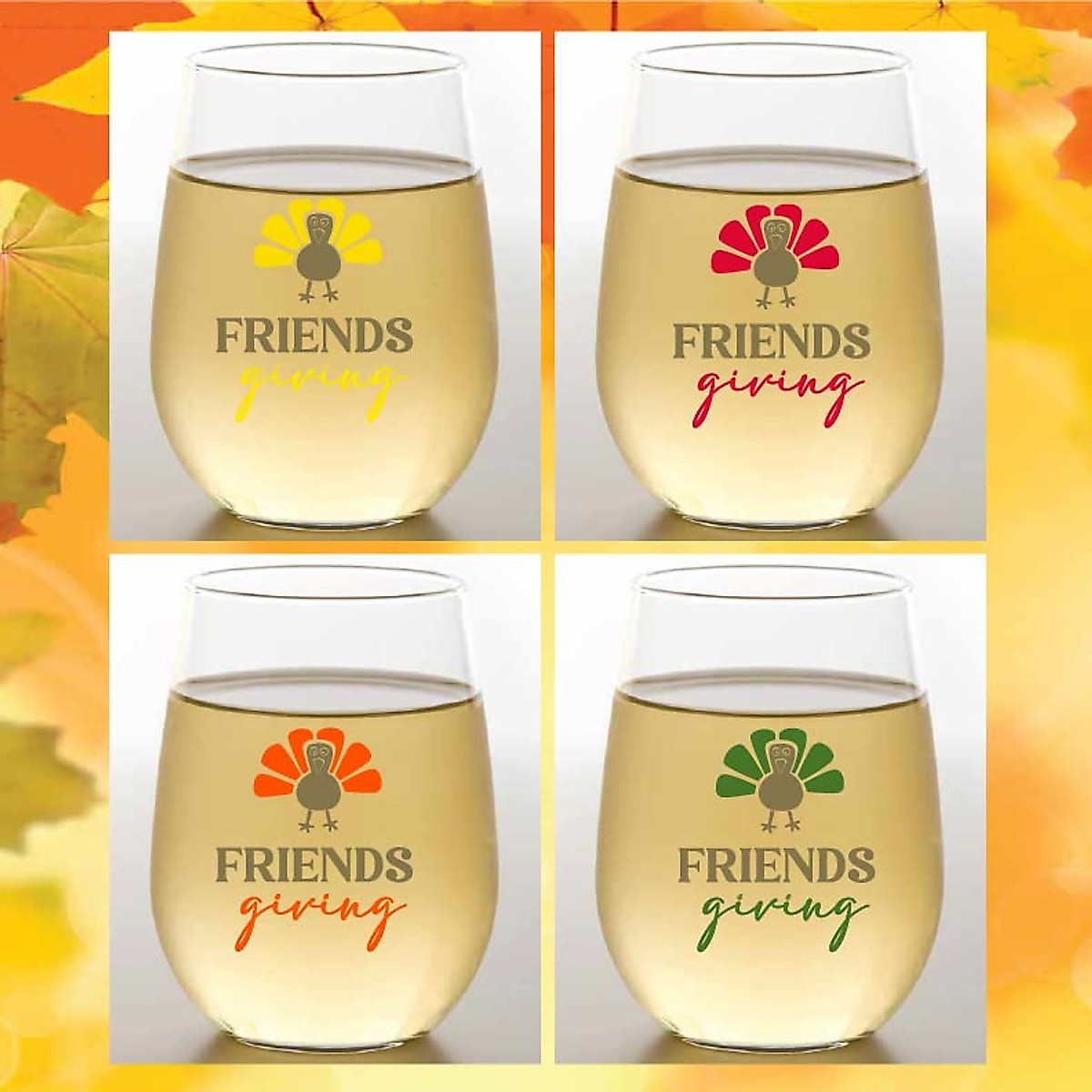 Set of 4 HOLIDAY DESIGN Shatterproof 16 oz Plastic Stemless Wine Glasses (FRIENDSGIVING)