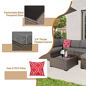 JSUN7 7 Pieces Patio Couch Outdoor Furniture Sets PE Golden Brown Rattan Sectional Conversation Sofa Set Washable Cushions with Glass Coffee Table(Dark Gray)