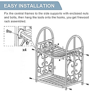 Sturdy Firewood Rack Fireplace Tools Set with 4 Fireplace Accessories Brush Shovel Poker Tong, Vertical Design 2 Shelves Log Storage Rack Holder, Holds a Great Amount of Wood Fireside Logs