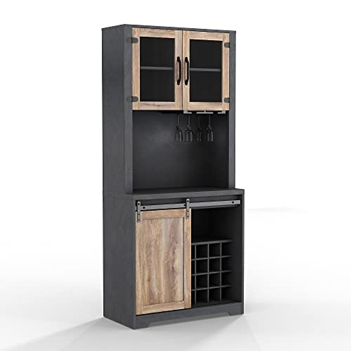 Holaki Wine Bar Cabinet,Kitchen Hutch Storage Cabinet with Sliding Barn Door and Shelves,Farmhouse Sideboard and Buffet Cabinet with Wine Rack,Coffee Bar Cabinet for Living,Dining Room,Kitchen(Black)