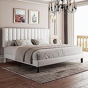 Feonase Queen Bed Frame with Square Stitched Headboard, Faux Leather Upholstered Platform Bed Frame, High-Density Sponge Filled, Solid Wood Slats, No Box Spring Needed, Noise-Free, White