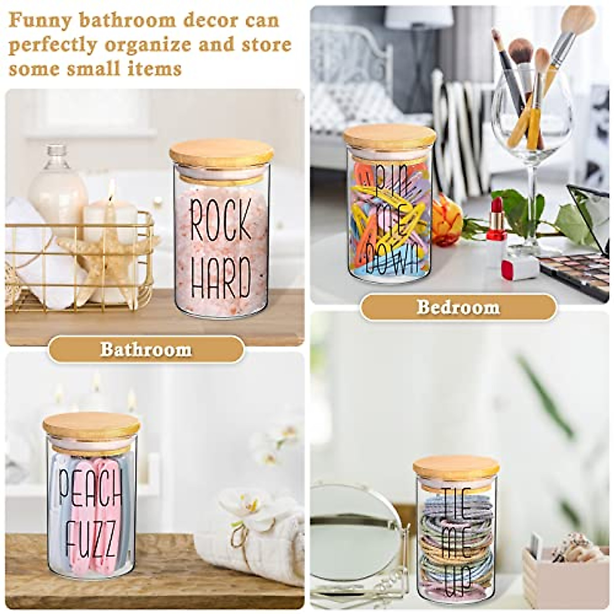 Lucomb Glass Apothecary Jars with Lids for Bathroom Storage Organizer, 4 Packs Cotton Ball Q-Tip Holder Hair Tie Organizer & Bobby Pin Holder Great for Funny Bathroom Canisters Decor Farmhouse Style