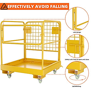 Forklift Safety Cage 36x36 Inches 1200LBS Capacity with 4 Wheels Forklift Work Platform Aerial Platform Collapsible Lift Basket Aerial Rails for Lifting Loader