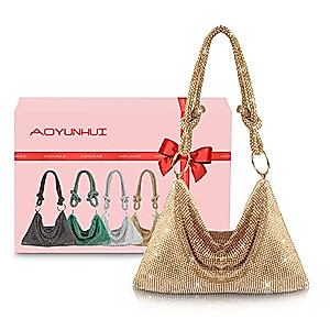 AOYUNHUI Rhinestone Hobo Bag for Women Shoulder Handbags Evening Bling Hobo Bag Evening Purse Rhinestone Clutch Purses for Women Crystal Evening Clutch Bag for Wedding Reception Prom Reunion-Gold