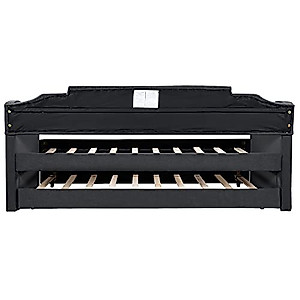 RUNWON Upholstered Twin Size Daybed with Trundle Modern Wood Sofa Bed for for Living Room and Bedroom,No Spring Box Needed, Black