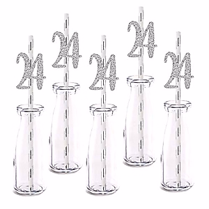 Silver Happy 24th Birthday Straw Decor, Silver Glitter 24pcs Cut-Out Number 24 Party Drinking Decorative Straws, Supplies