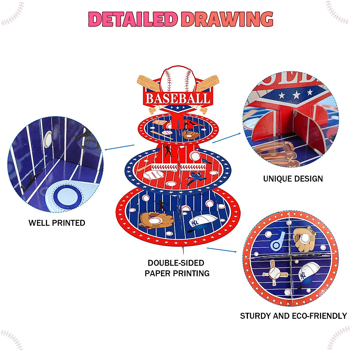 25 PCs Baseball Cupcake Stand 3-Tier and Baseball Cupcake Topper Set, Fiesec Baseball Theme Sports Ball Party Supplies Cardboard Dessert Tower Holder Round Serving Stand Holder