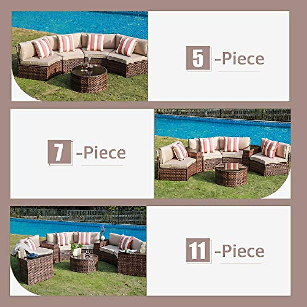 SUNSITT 4-Piece Outdoor Half-Moon Sectional Wicker Sofa Set Patio Furniture, Brown PE Rattan and Beige Cushions