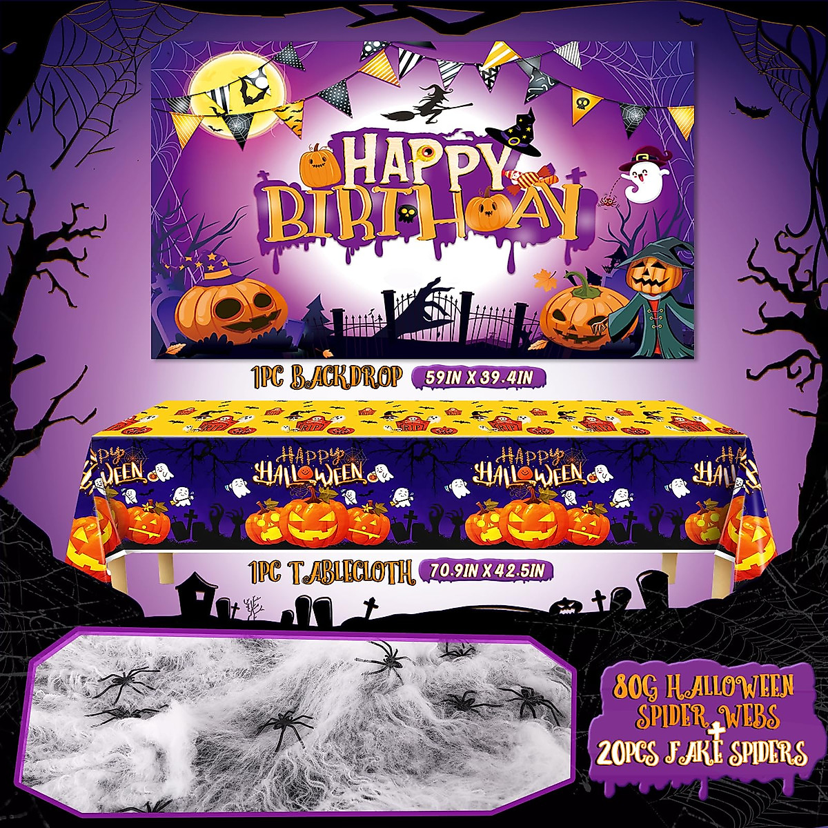Halloween Birthday Party Decorations, Halloween Themed Birthday Party Decorations with Purple Orange Balloons Garland Happy Birthday Backdrop Tablecloth Spider Web for Halloween Boo Day Decorations
