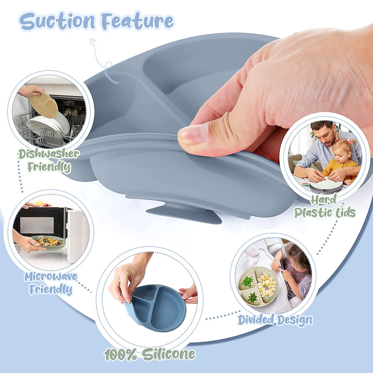 Meanplan 6 Pack Suction Plates with Lids Silicone Baby Plates Toddler Plates Divided Design Stay Put with Suction Feature BPA Free Microwave and Dishwasher Safe Assorted Colors (Elegant Colors)