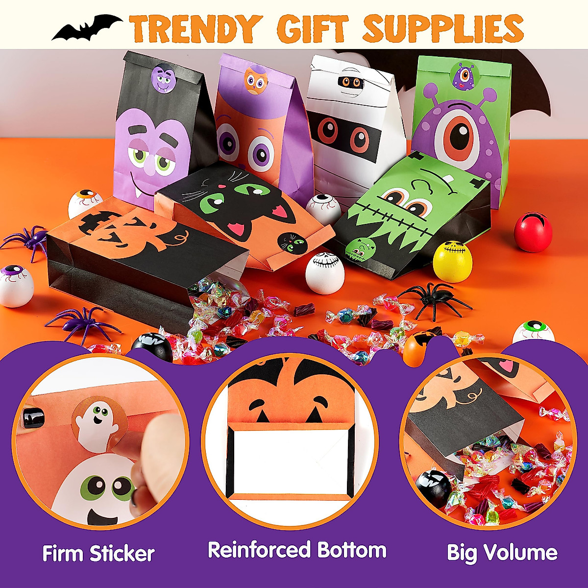JOYIN 60 PCS Halloween Characters Paper Treat Bags, Trick or Treat Goodie Bags, Candy Bags with Stickers for Halloween Party Favor Supplies