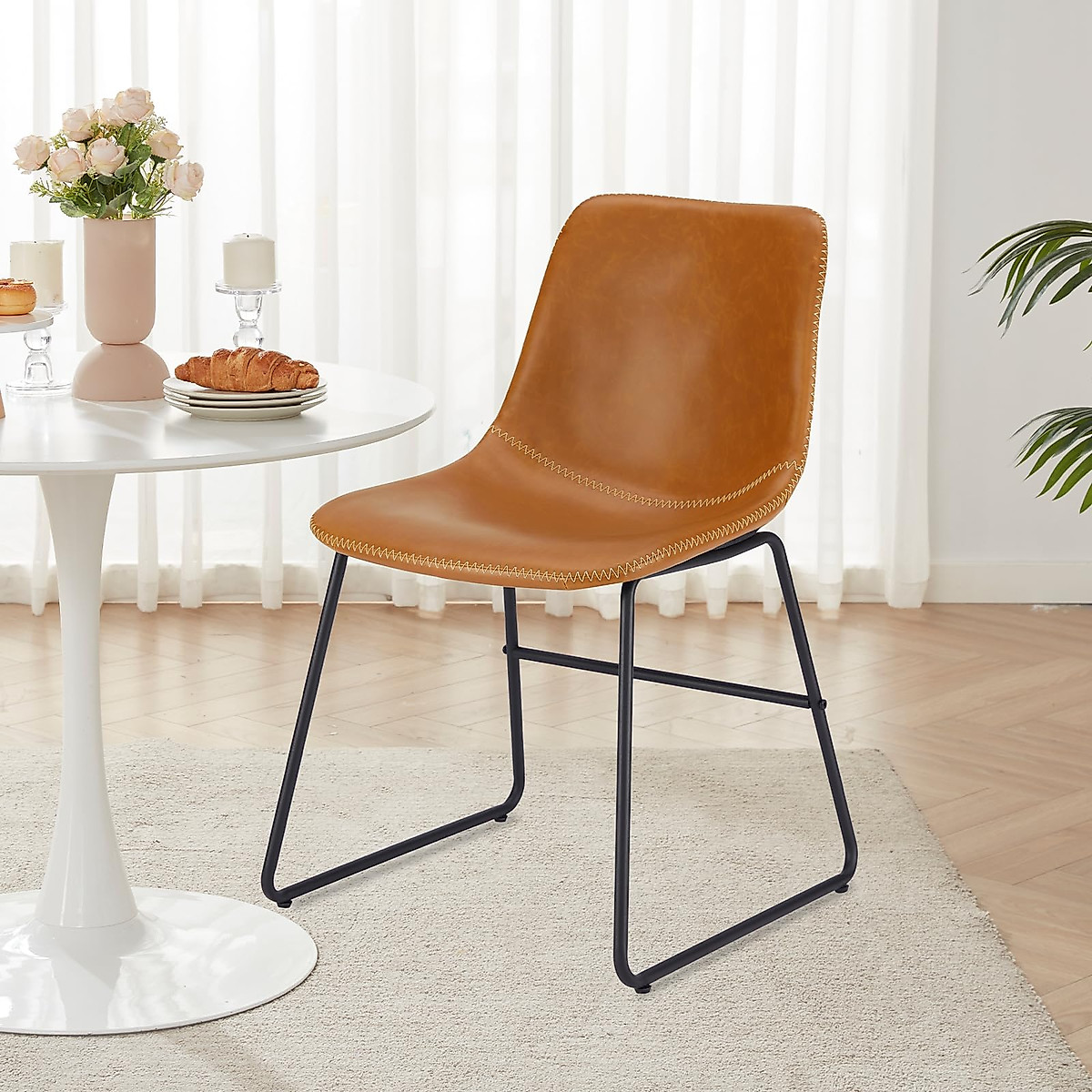 Soohow Set of 2, Kitchen Room Mid Century Midcentury Modern Faux Leather Comfortable, Home, Bistro Coffee Shop, 18" Dining Chairs 2 PCS, Whiskey Brown