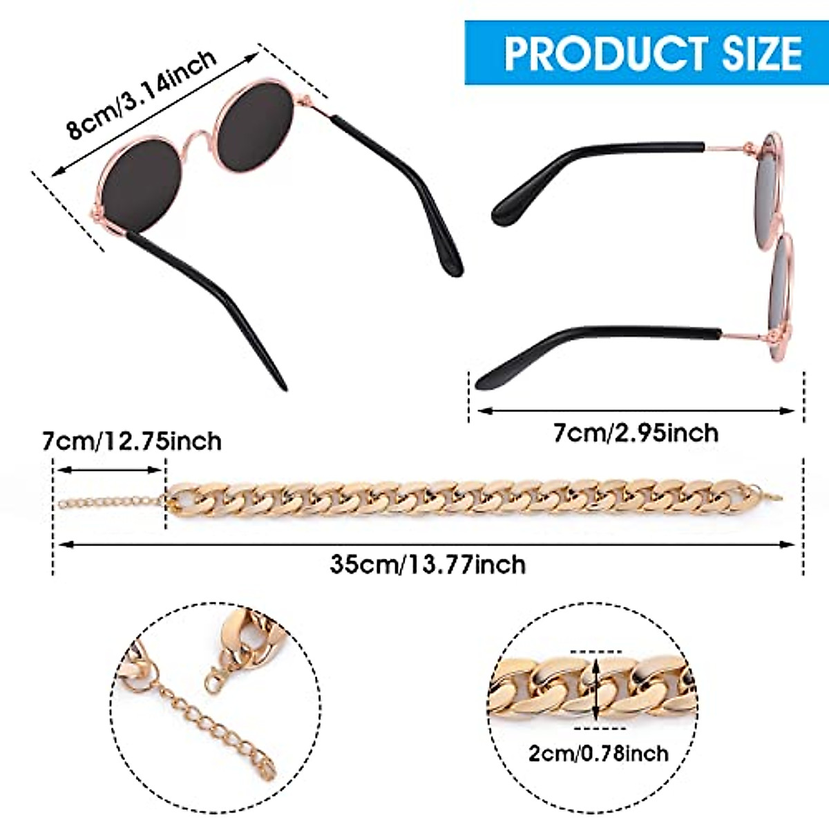 cobee Cat Sunglasses, Retro Kitten Sunglass with Rose Gold Chain Eye UV Protection Classic Small Cat Glasses Cosplay Costume for Photo Props Cute Pet Decorations for Birthday Party