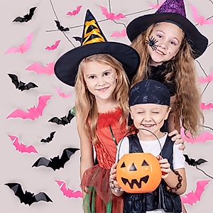 Whaline 224Pcs Halloween Wall Decoration 3D Bats with Foam Adhesive Black Pink Rose Red Waterproof Spooky Bats Stickers Hocus Pocus Party Supplies for Halloween Home Wall Window Door Decor, 4 Sizes
