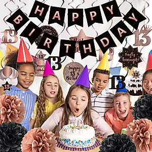 BRT Bearingshui Happy 13th Birthday Hanging Swirls Streamers Decoration Set, Happy Birthday Banner with Tissue Pompoms, Rose Gold and Black 13 Years Old Birthday Party Hanging Backdrop Decorations