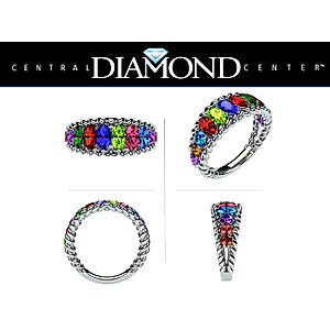 Central Diamond Center Oval Rope Mothers Ring 1 to 12 Simulated Birthstones- 10k White Gold - Size 9