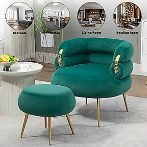 Hdxdkog Velvet Accent Chair with Ottoman Set, Modern Upholstered Armchair Tufted Chair with Footstool, Single Sofa Chair with Metal Legs for Living Room, Apartment, Bedroom(Green-Chair and Ottoman)