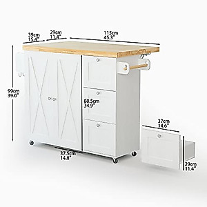 IRONCK Rolling Kitchen Island Cart with Drop-Leaf Countertop, Barn 3Drawers, Barn Door Style Cabine,Thicker Rubberwood Top, Spice Rack, on Wheels, for Kitchen and Dining Room, White