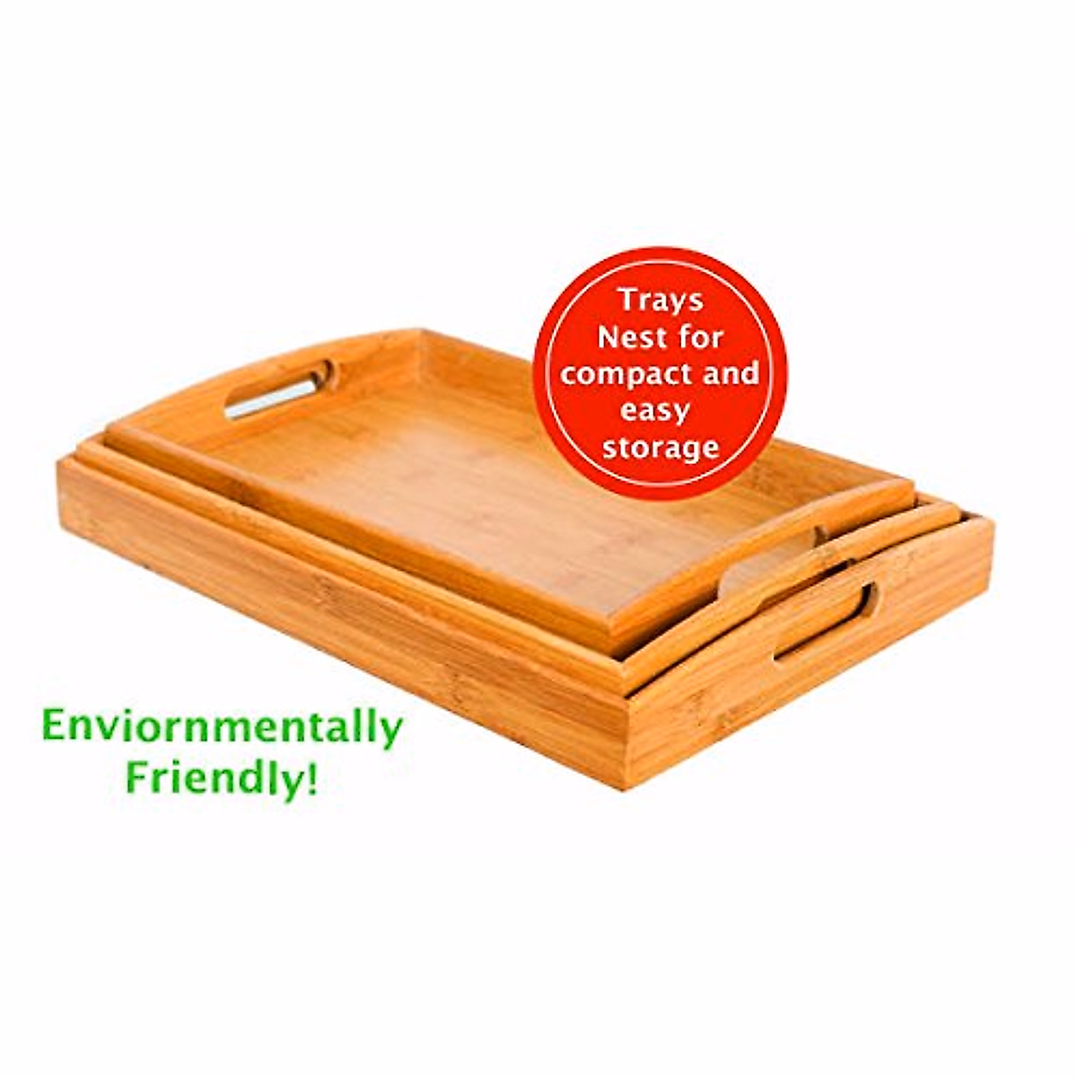 BirdRock Home 3 pc Breakfast Bed Tray (Rounded) - Bamboo - Cut Out Handles - Set of 3 - Bamboo - Nesting