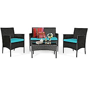 DORTALA 4 Pieces Rattan Patio Furniture Set, Practical Conversation Set w/Tempered Glass Top Table, Outdoor Wicker Sofa Set w/Removable Cushions for Poolside, Backyard