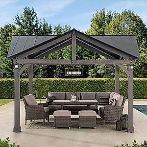 Sunjoy 13.5 x 13.5 ft. Hardtop Gazebo Outdoor Patio Black Steel Gazebo with LED Lights, AC Outlet, USB Port and A 3-Meters Universal Power Supply Cable, Black