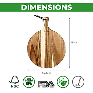 Elevkin Round Cutting Board, Acacia wood cutting board for kitchen, Charcuterie Boards and Cheese Serving Platter for Meat, Bread and Crackers, Deviled Egg Plates & Pizza Peel for Party, 12 x 16 inch