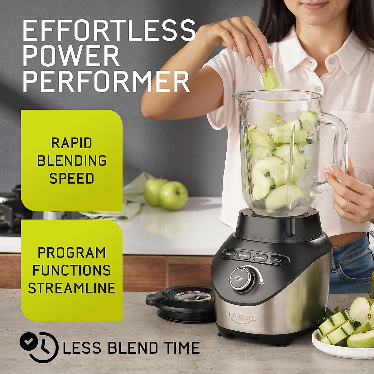 Universal 1500 Watt Turbo Elite Max Blender, 71oz - 9-cup / 2.1 Liter Glass Pitcher, Premium Blender for Smoothies, Sauces, & Batters, 3 Speed Settings, Powerful 6 Stainless Steel Blades