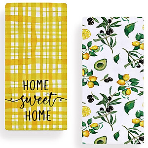 Watercolor Lemon Olive Kitchen Dish Towel 18 x 28 Inch Set of 2, Spring Summer Yellow Lemon Tea Towels Dish Cloth for Cooking Baking