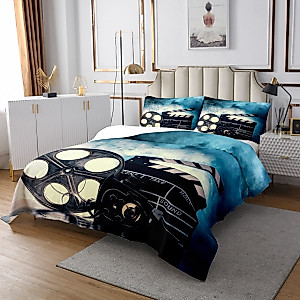 Movie Theme Kids Bedspread Queen Size,Roll Film Cinema Theater Old Fashion Coverlet Set,Girls Boys Adults Room Decor,Blue Smoke Trippy Quilted Coverlet,Retro Stylish Bedding Quilt,2 Pillowcases