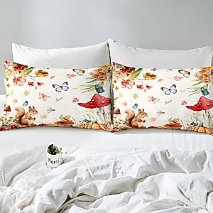 Erosebridal Cute Squirrel Comforter Set Full Size for Girls Women Fall Decor Sheet Set Thanksgiving Day Gifts Fitted Sheet Fall Season Flat Sheet 4 Piece Lovely Butterfly Mushroom Floral Sheets