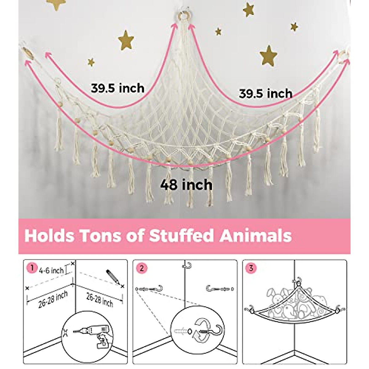 TCGPRO Stuffed Animal Storage - Stuffed Animal Hammock or Net Corner, Boho Stuffed Animal Holder with Tassels, Macrame Hanging Toy Organizer Ideas for Plush Display, Kids Room Bedroom Decor