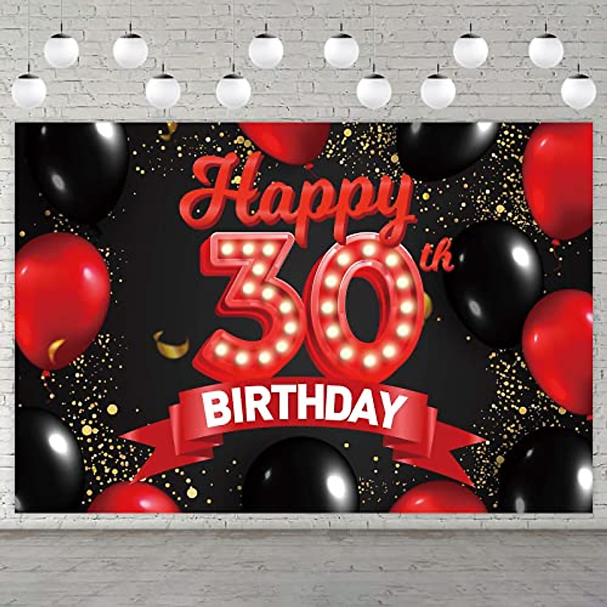 Happy 30th Birthday Red and Black Banner Backdrop Decorations Balloons Theme Decor for Girls Women Princess 30 Years Old Birthday Party Bday Photo Booth Props Supplies Background Favors Glitter Gold