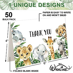 Whaline 50 Pack Safari Jungle Thank You Cards with Envelopes Stickers Jungle Animal Greeting Cards Watercolor Forest Animal Cartoon Blank Note Cards for Birthday Baby Shower Party Supplies