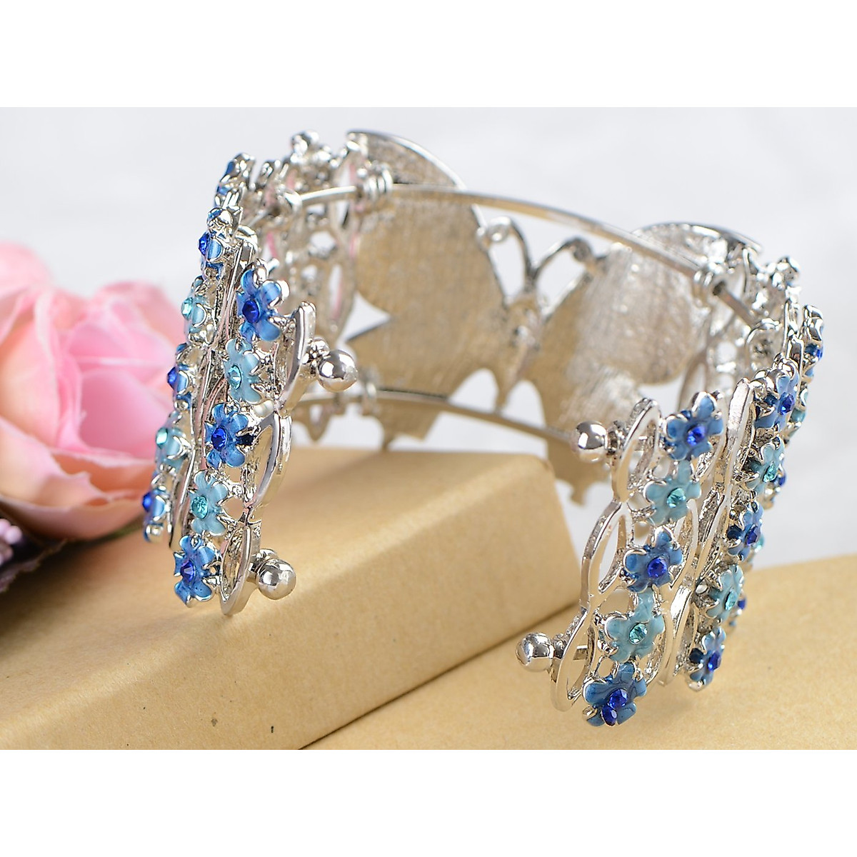 Alilang Silver Tone Blue Enamel Floral Crystal Rhinestone Flower Butterfly Cuff Bangle Bracelet