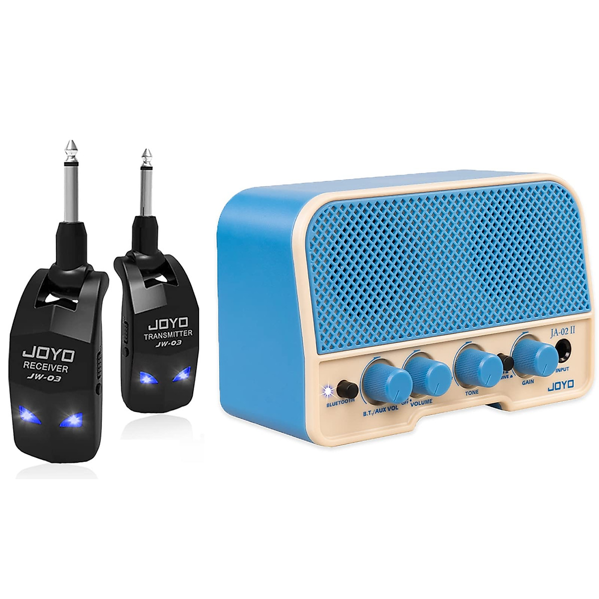 JOYO JW-03 Wireless Guitar Transmitter Receiver and JA-02 II Mini Practice Guitar Amplifier 5W Blue